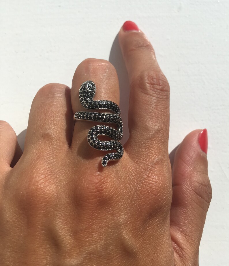 Black Snake Ring, Black Gem Snake Wrap Ring , Black CZ Spinel Ring ...