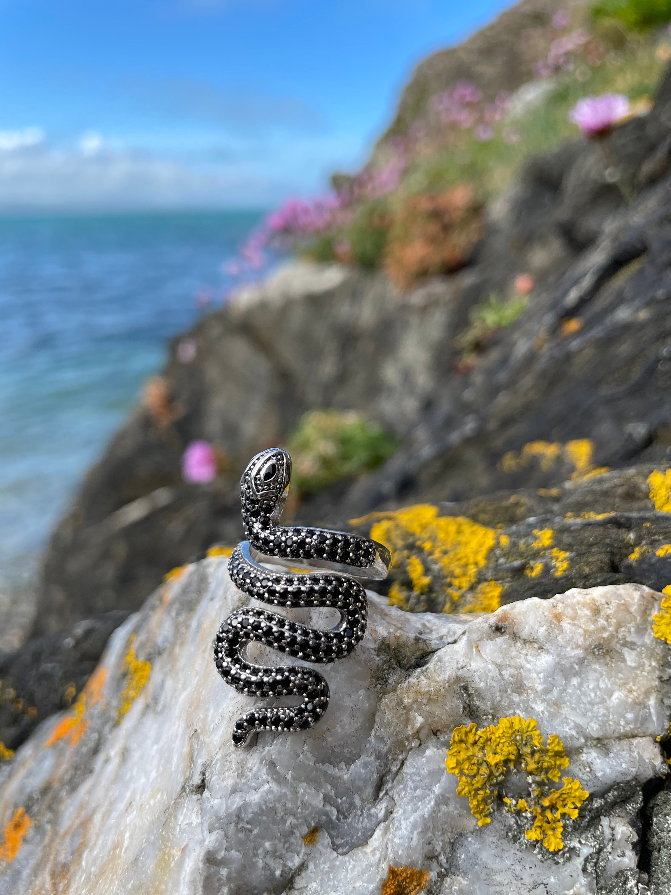 Black Snake Ring, Black Gem Snake Wrap Ring , Black CZ Spinel Ring ...