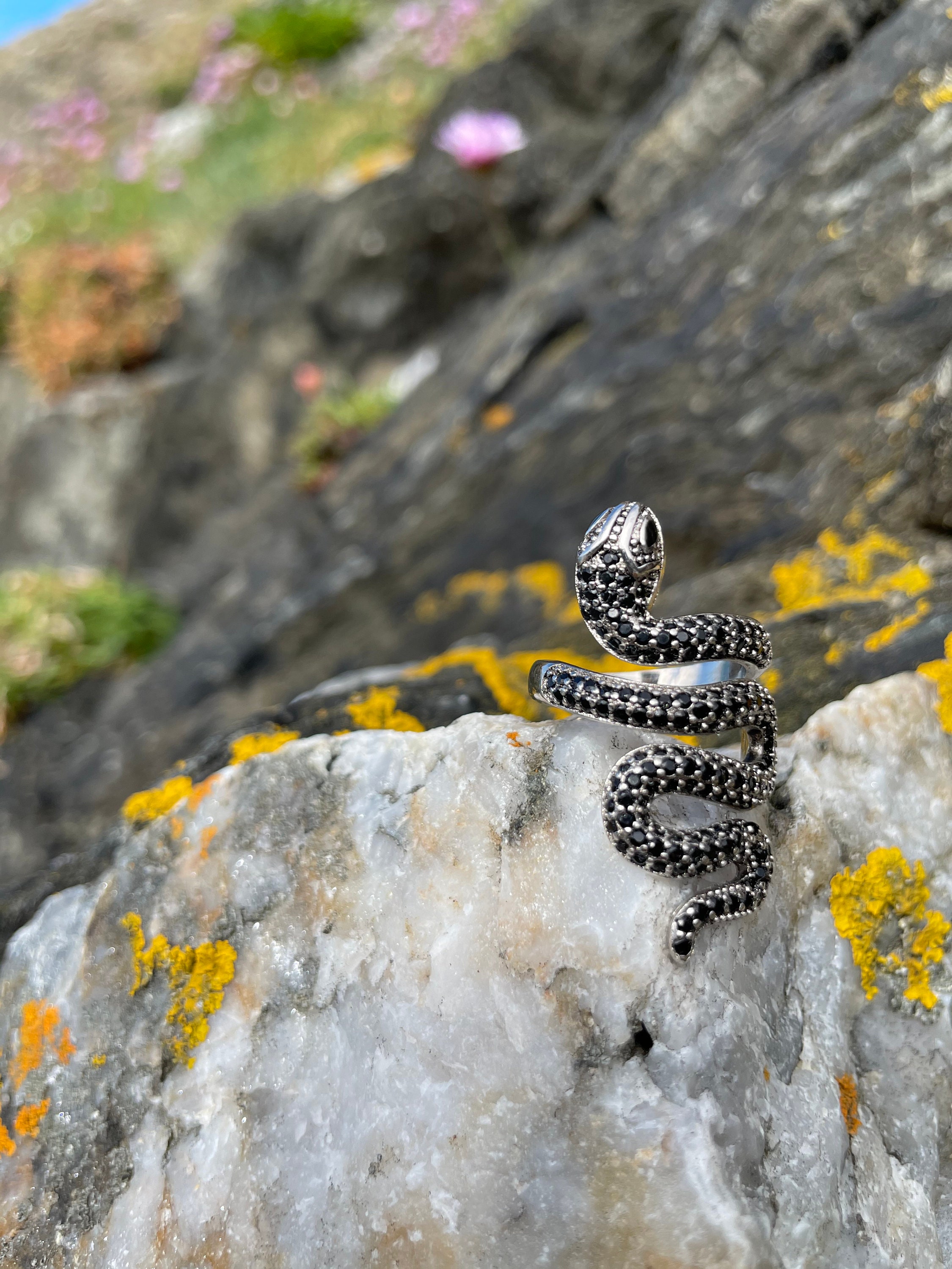 Black Snake Ring, Black Gem Snake Wrap Ring , Black CZ Spinel Ring ...
