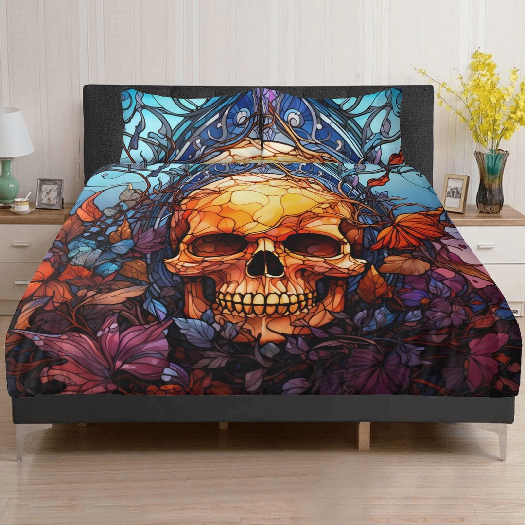 Gothic Skull Bed Cover, Hooded Skull Pillow Cover, Dark Horror Duvet ...