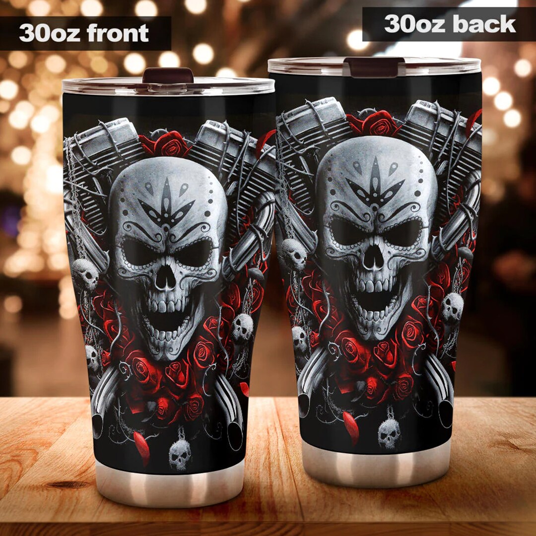 Biker Skull Tumblr, Flaming Skull Tumbler, Motorcycle Skull Freezer Mug ...