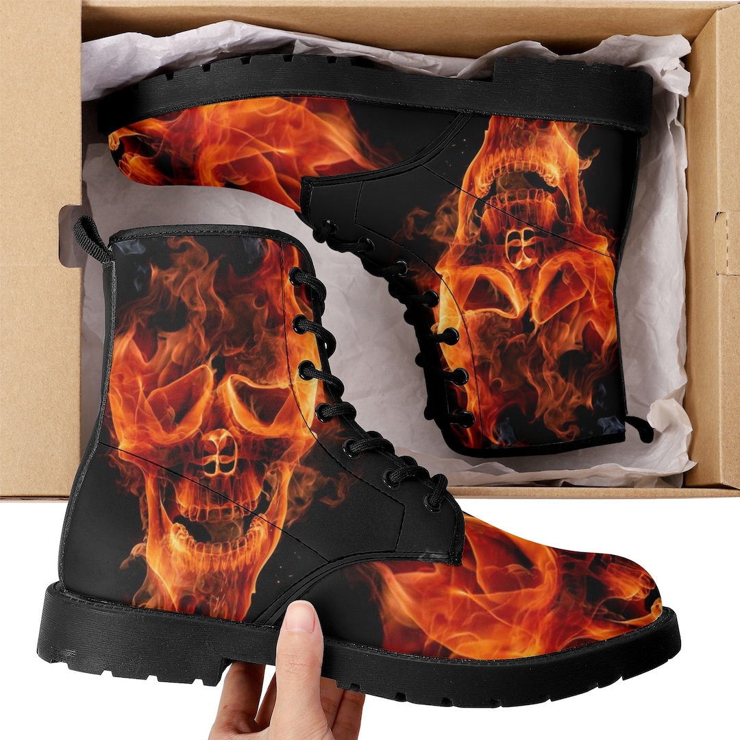 Flaming Skull Leather Boots, Fire Skull Boots for Men Women, Halloween ...