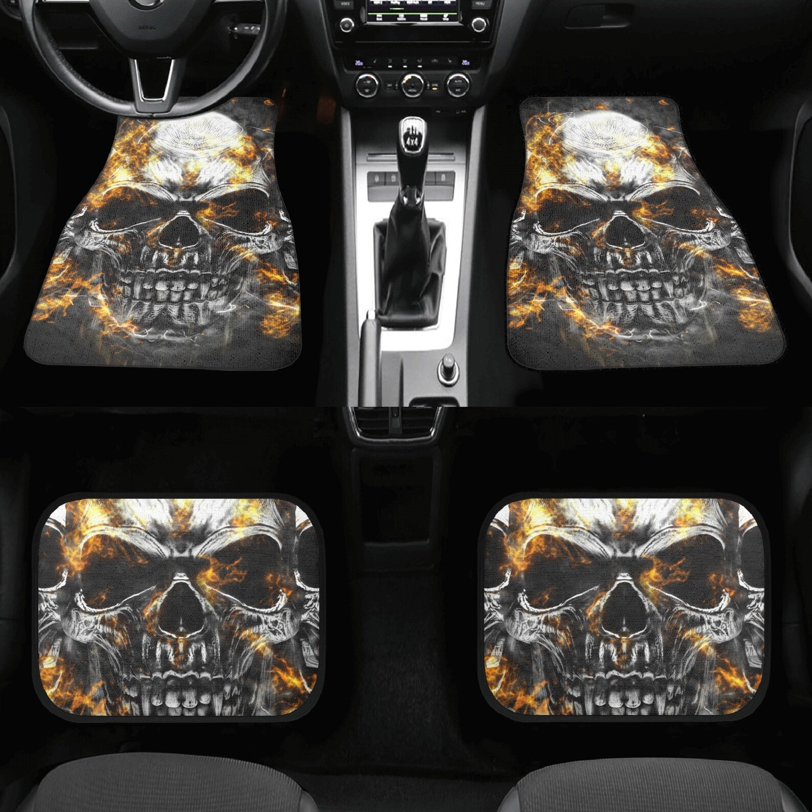 Flaming Skull Car Seat Cover Car Mat Full Set, Grim Reaper Skull Seat ...