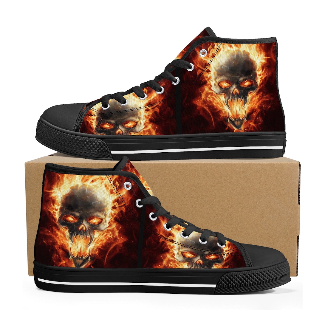 Flaming Skull Shoes, Motorcycle Skull Women Sneakers, Death Skull High ...