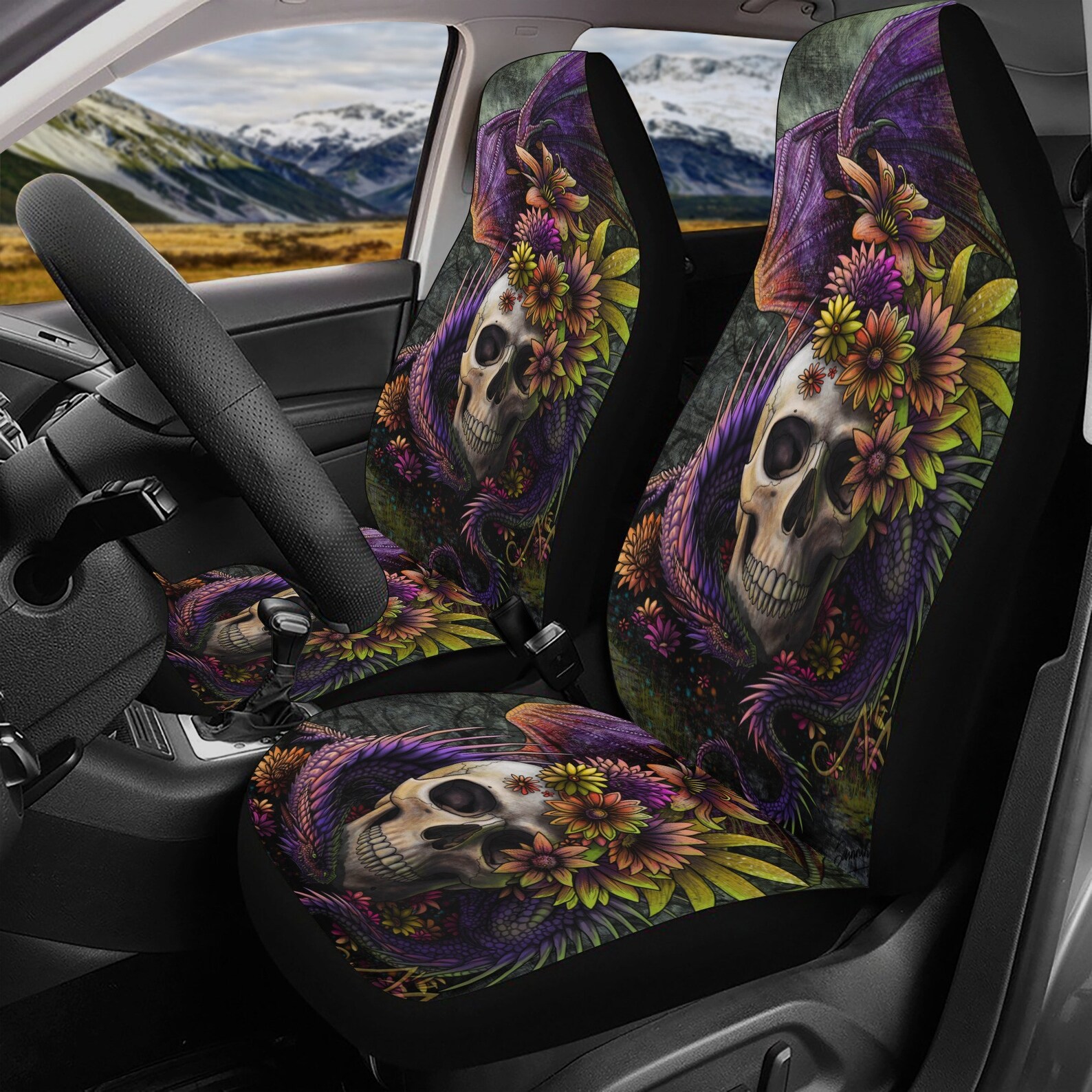 Dragon Skull Seat Cover for Car, Skull Rug for Car, Skeleton Skull Car ...
