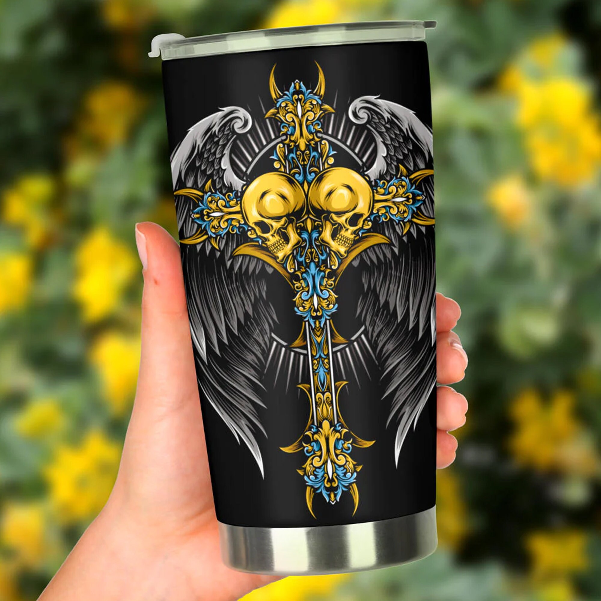 Wing Sword Skull Tumbler, Goth Skull Cup Mug, Skull Travel Tumbler ...
