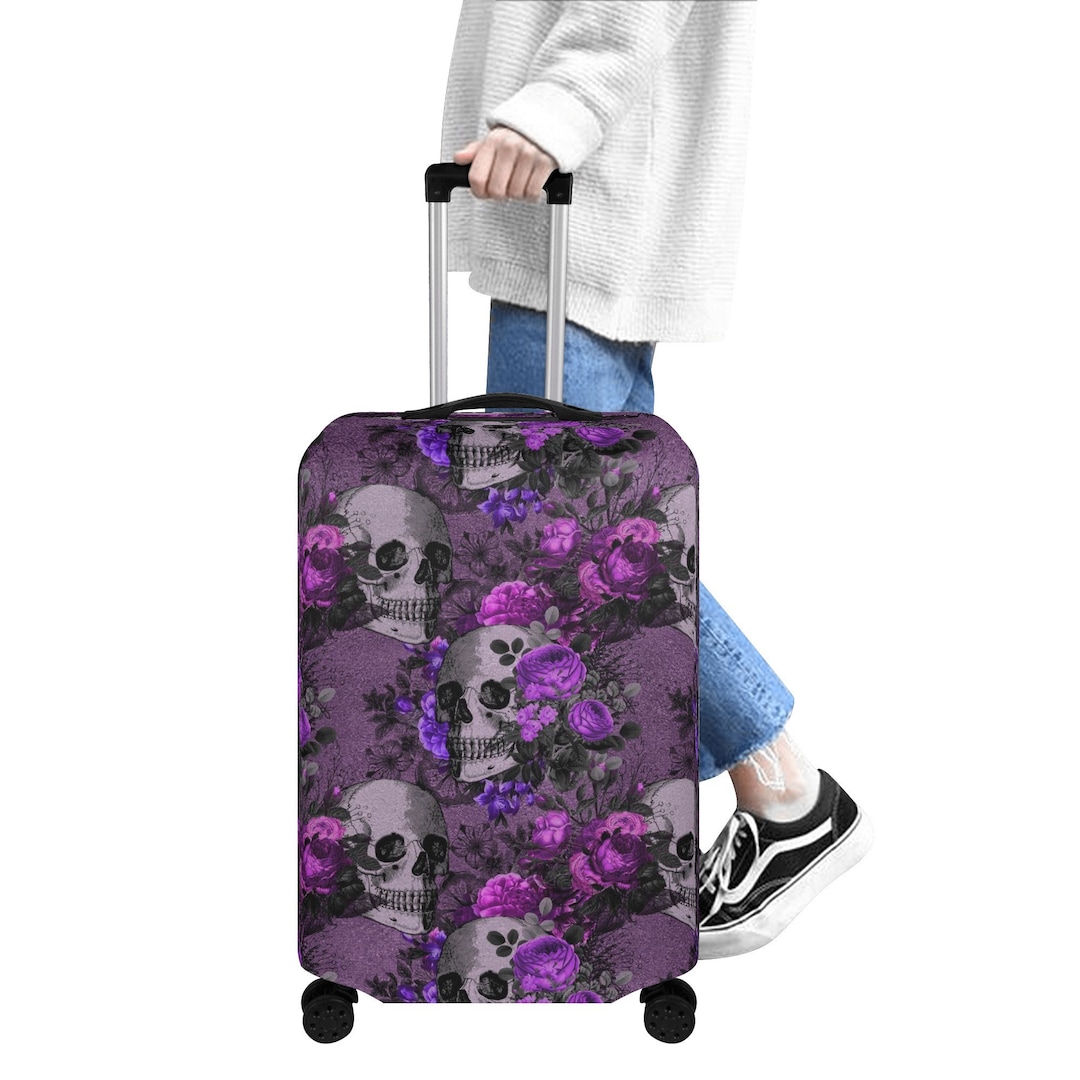 Flower Skull Suitcase Tag, Goth Travel Bag Cover, Flaming Skull ...