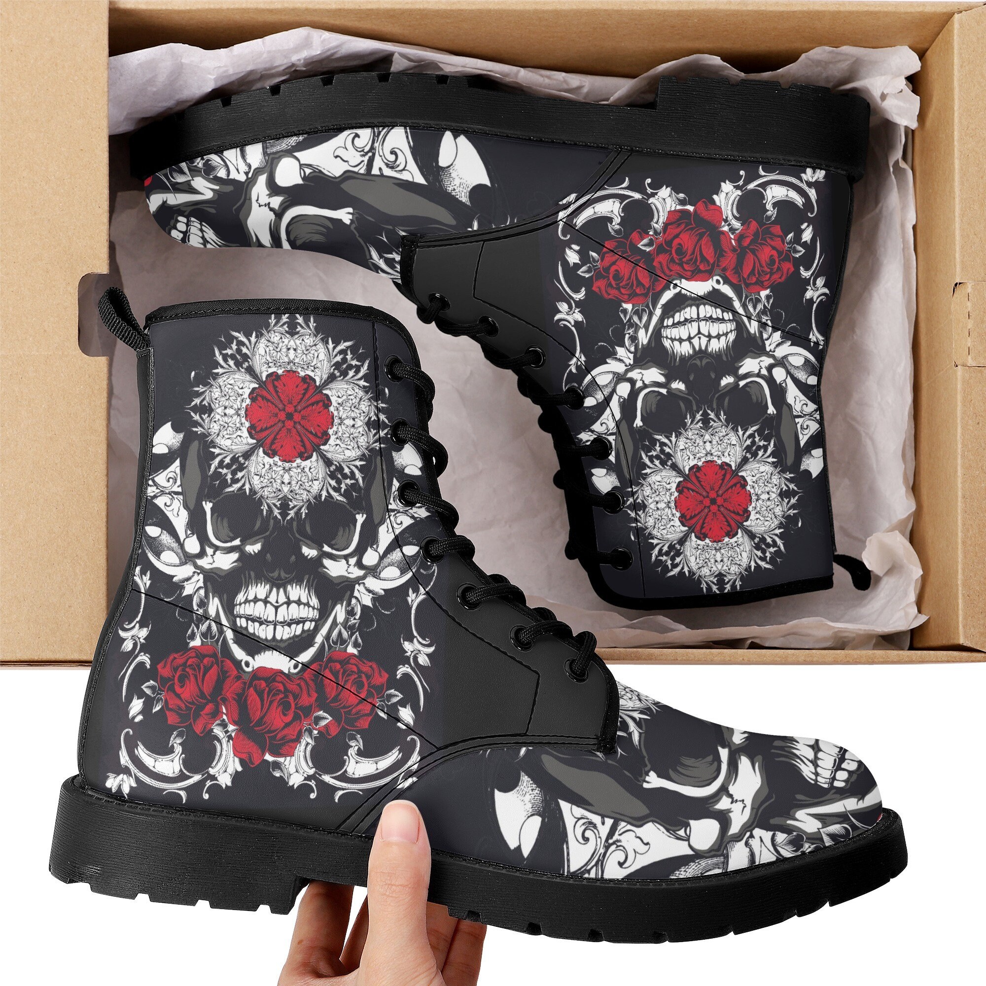 Floral Skull Leather Boots, Rose Skull Boots for Men Women, Halloween ...
