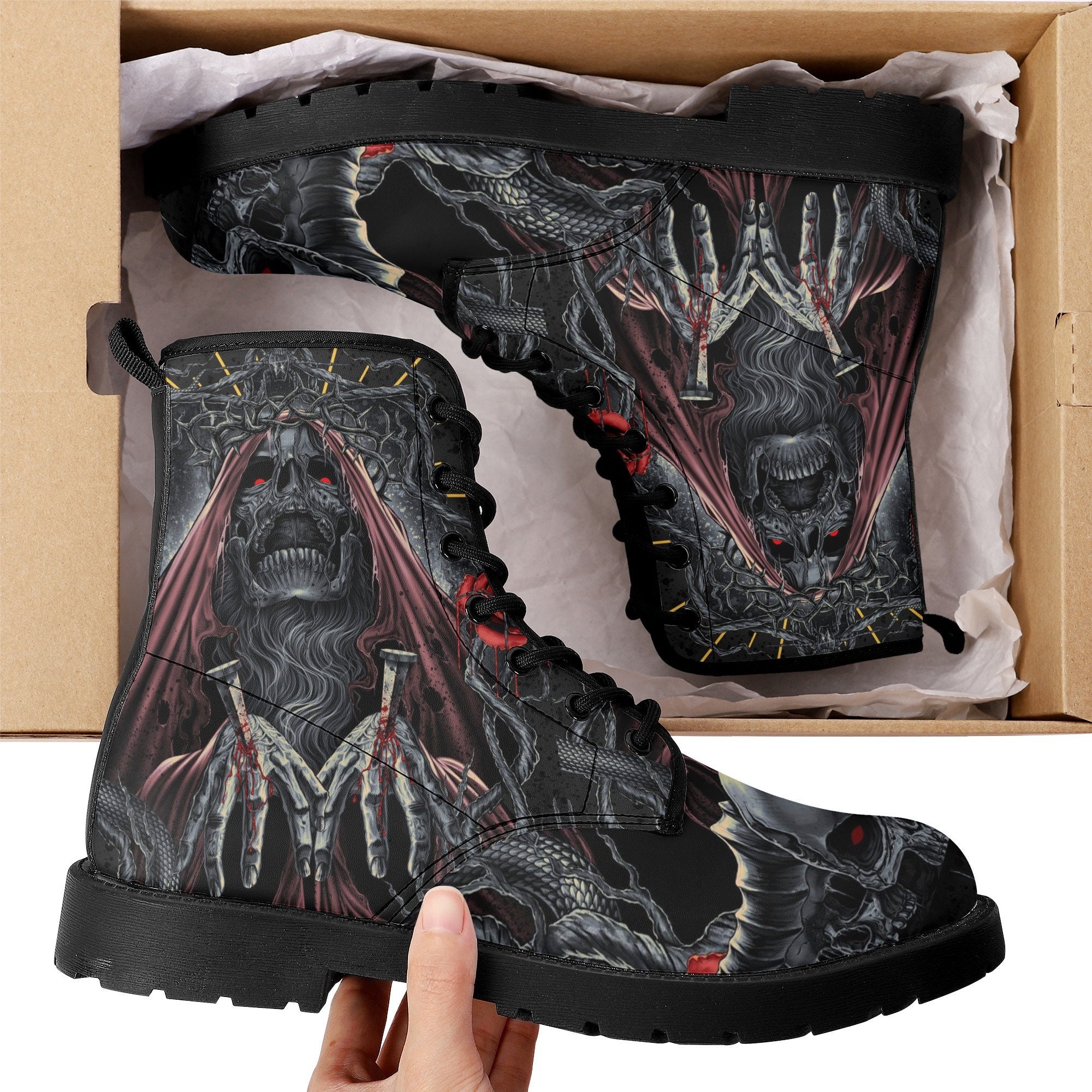 Horror Reaper Skull Boots Streetwear Shoes, Gothic Punisher Skull Boots ...