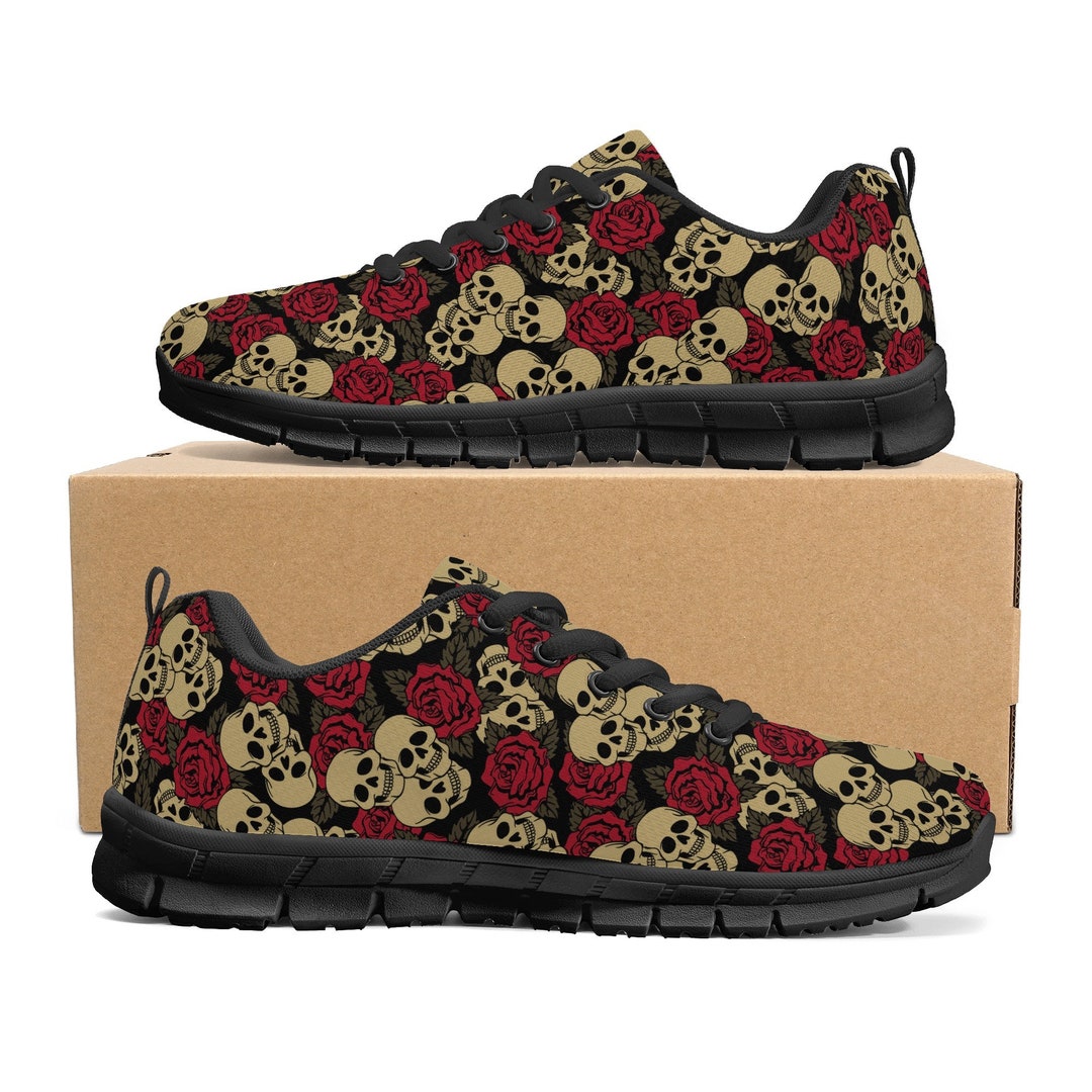 Floral Skull Running Shoes, Biker Skull Breathable Sneakers, Goth ...