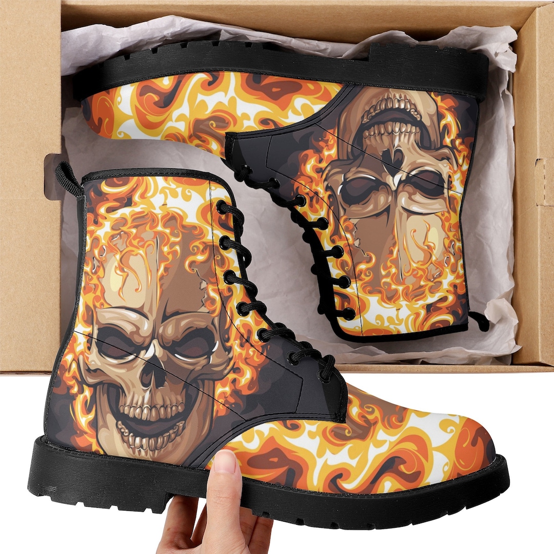 Flaming Skull Leather Boots, Fire Skull Boots for Men Women, Halloween ...