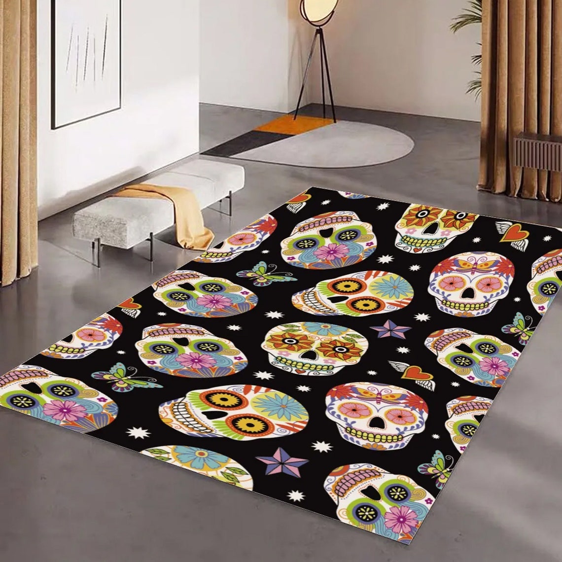Dia De Los Muertos Skull Foldable Rectangular Floor Mat, Floral Sugar ...