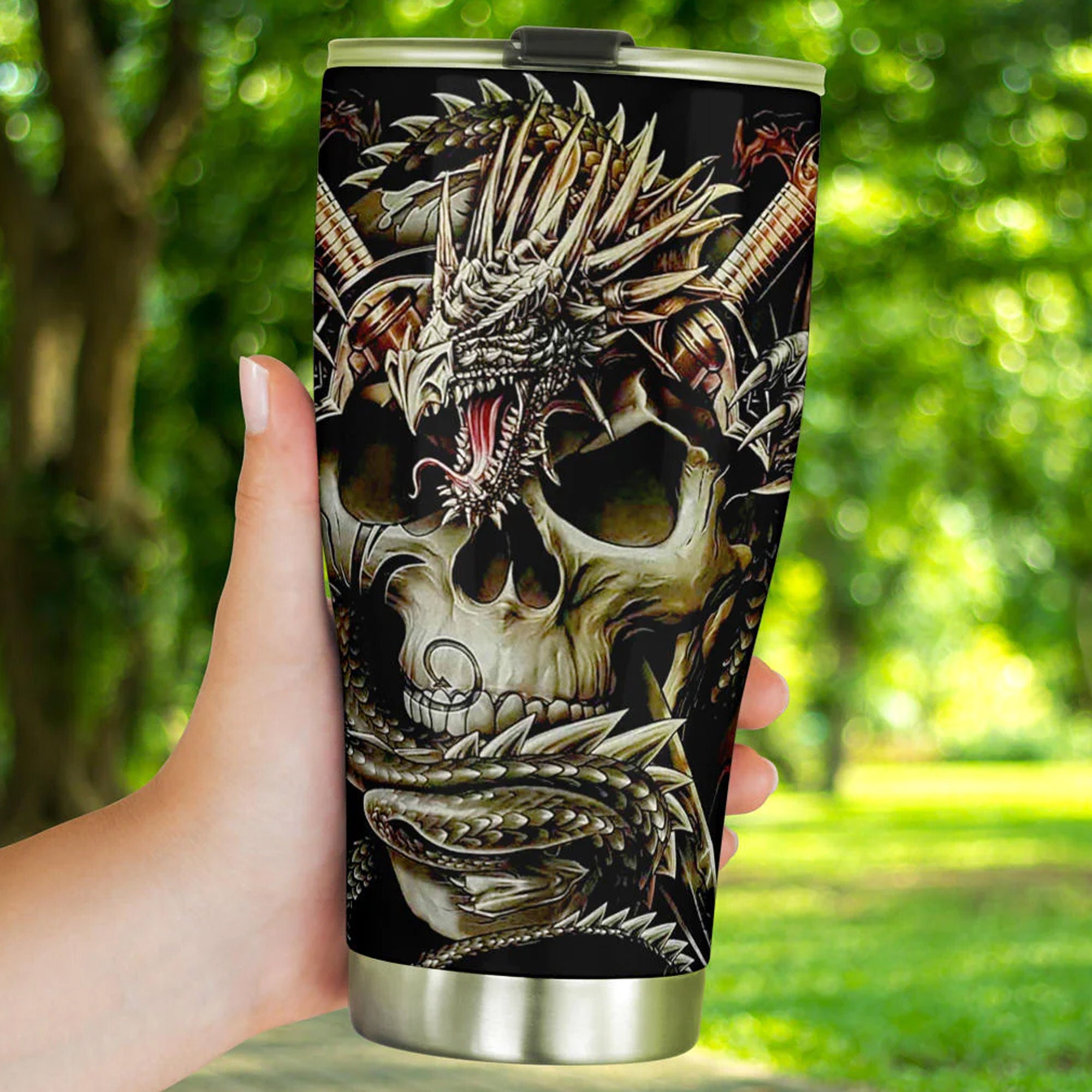 Dragon Skull Tumbler Cup Mug, Skull in Fire Coffee Mug, Evil Beer Mug ...