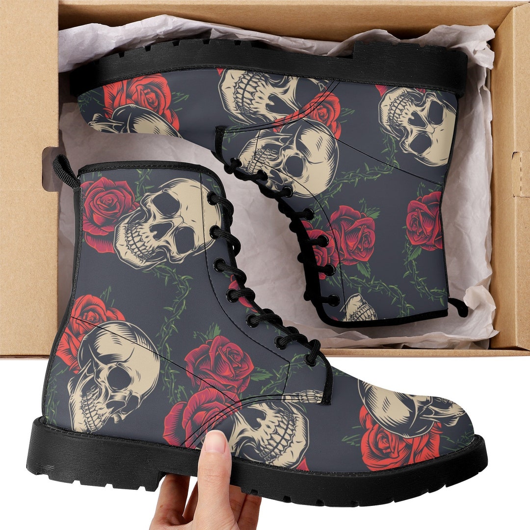 Floral Skull Leather Boots, Skeleton Skull Boots for Men Women ...