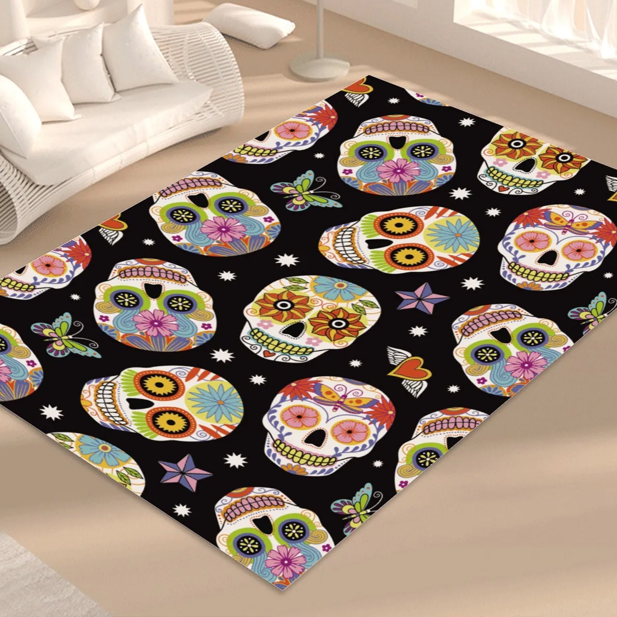 Dia De Los Muertos Skull Foldable Rectangular Floor Mat, Floral Sugar ...