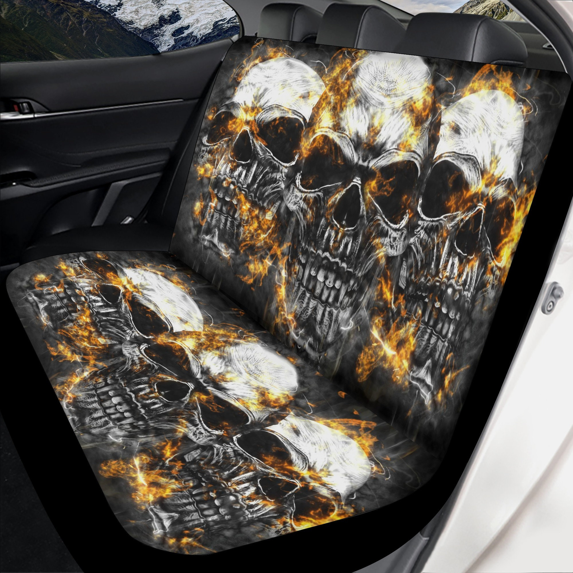 Flaming Skull Car Seat Cover Car Mat Full Set, Grim Reaper Skull Seat ...
