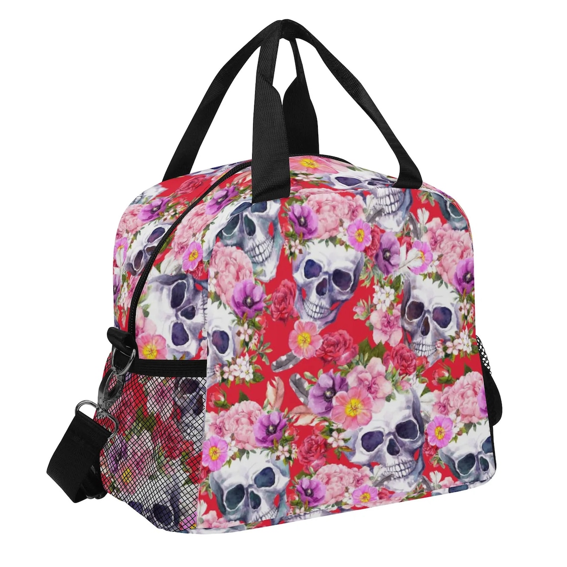 Floral Skull Lunch Bag, Day of the Dead Lunch Bag, Rose Skull Lunch Box ...