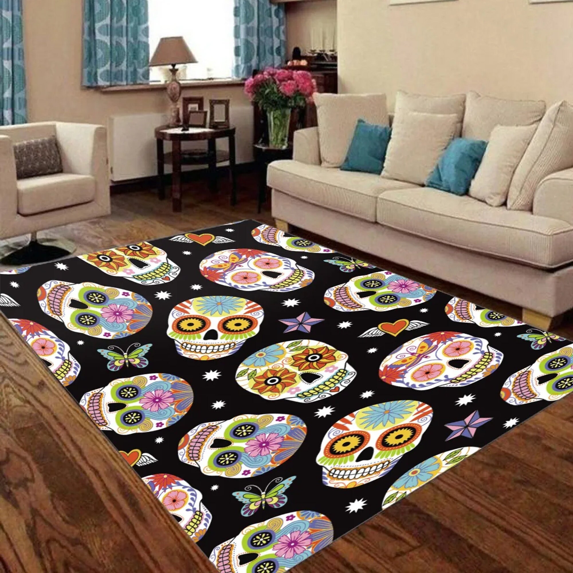 Dia De Los Muertos Skull Foldable Rectangular Floor Mat, Floral Sugar ...