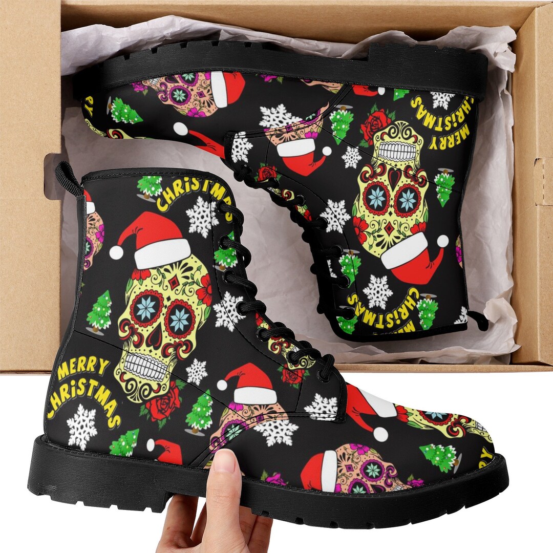 Merry Christmas Sugar Skull Leather Boots, Xmas Skull Boots for Men ...