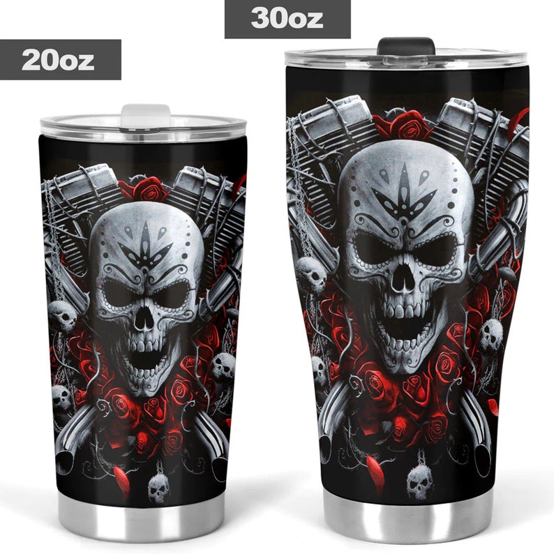 Biker Skull Tumblr, Flaming Skull Tumbler, Motorcycle Skull Freezer Mug ...