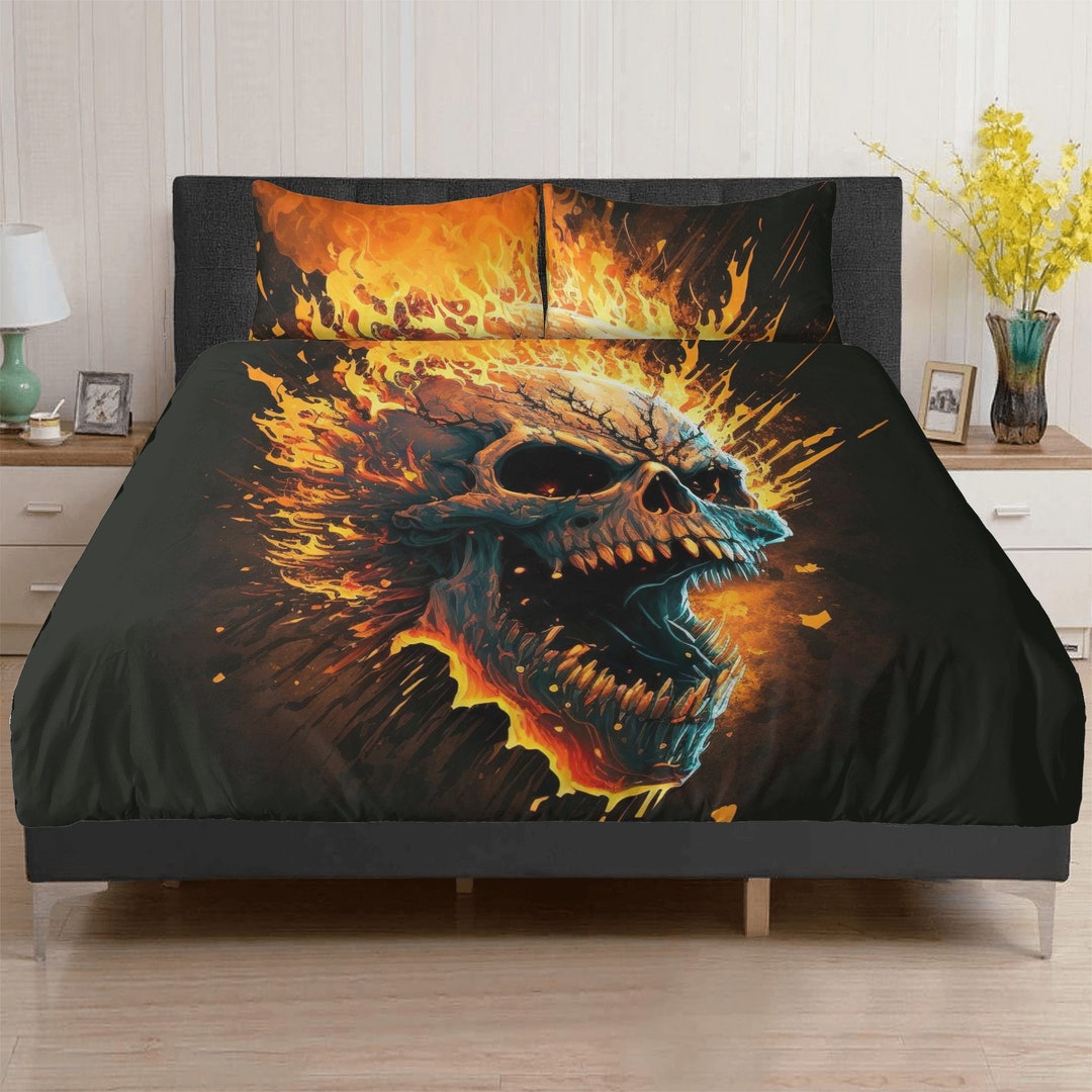 Flaming Skull Bedding Set, Devil Ghost Bedding Set King Queen, Evil ...