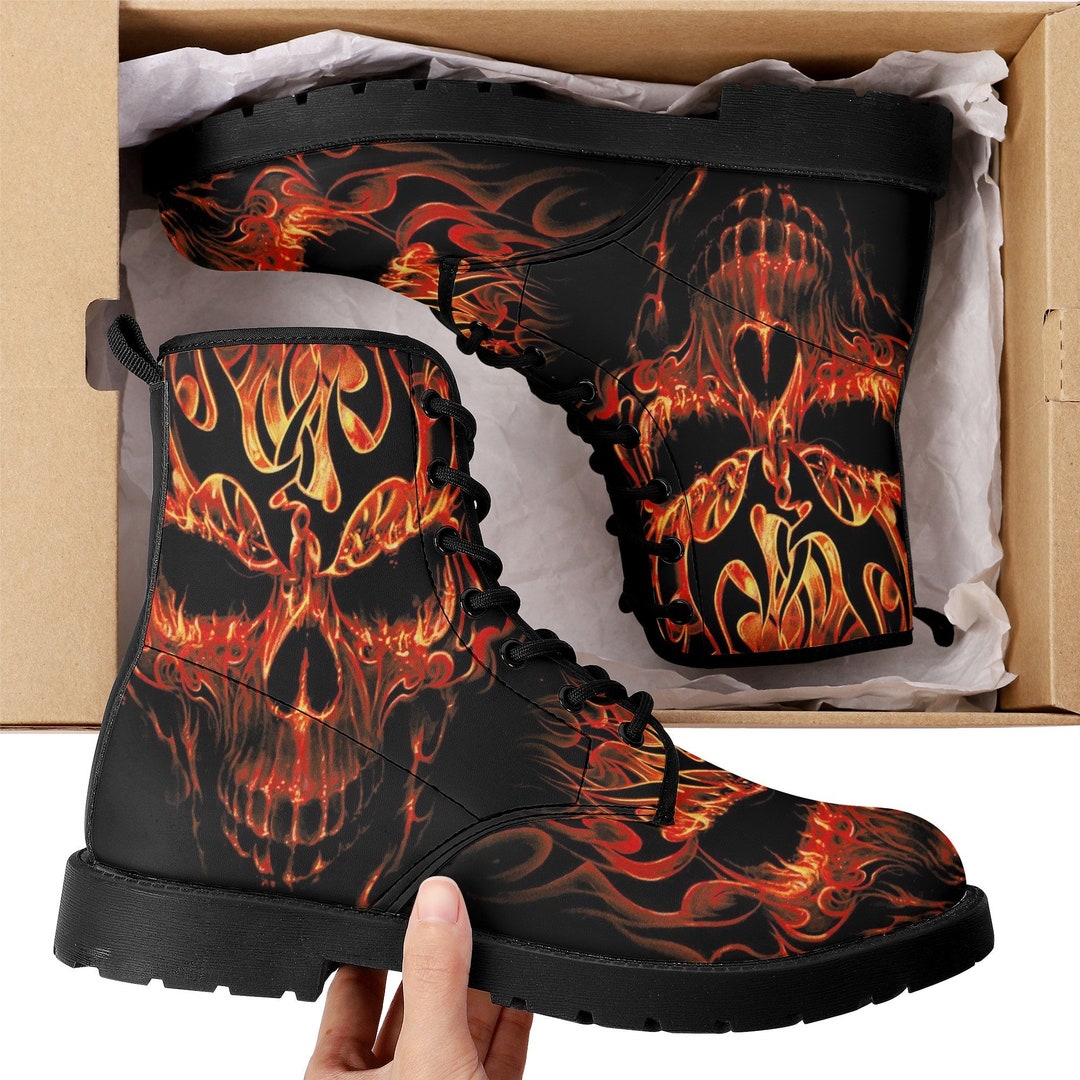 Flaming Skull Men Women Boots, Goth Waterproof Lace up Anti-slip ...