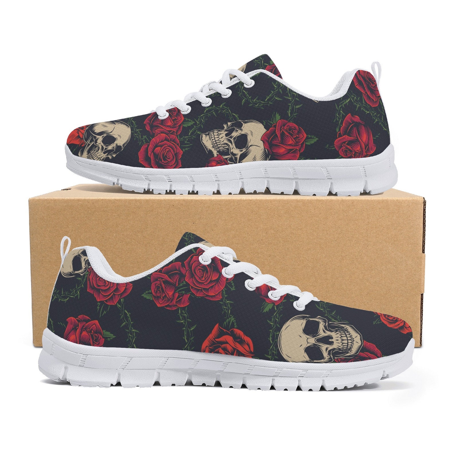 Flower Skull Running Sneakers, Rose Skull Breathable Sneakers, Flower ...