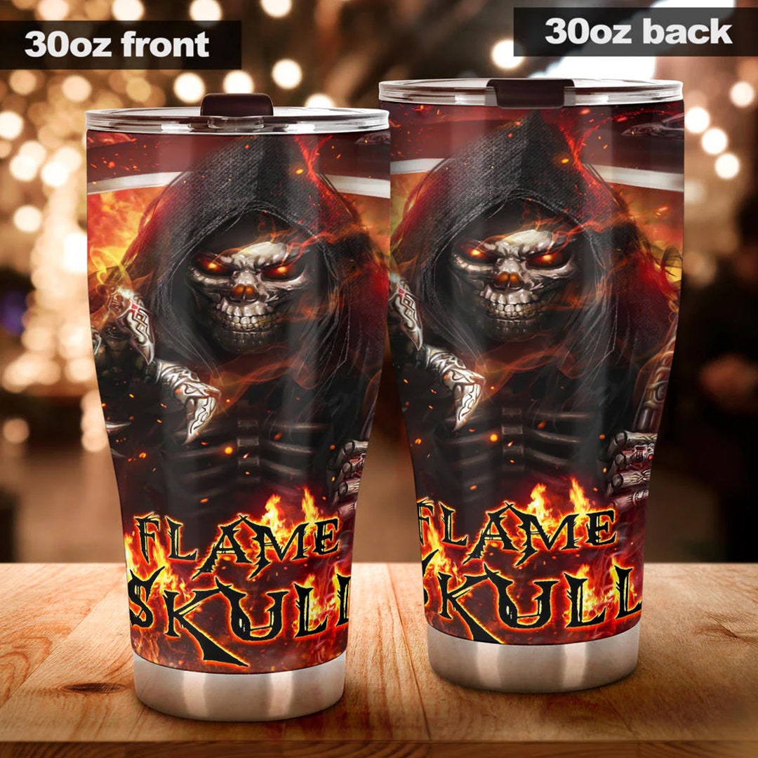 Skull in Fire Tumbler Cup Mug, Goth Jumbo Mug, Rose Skull Beer Mug ...