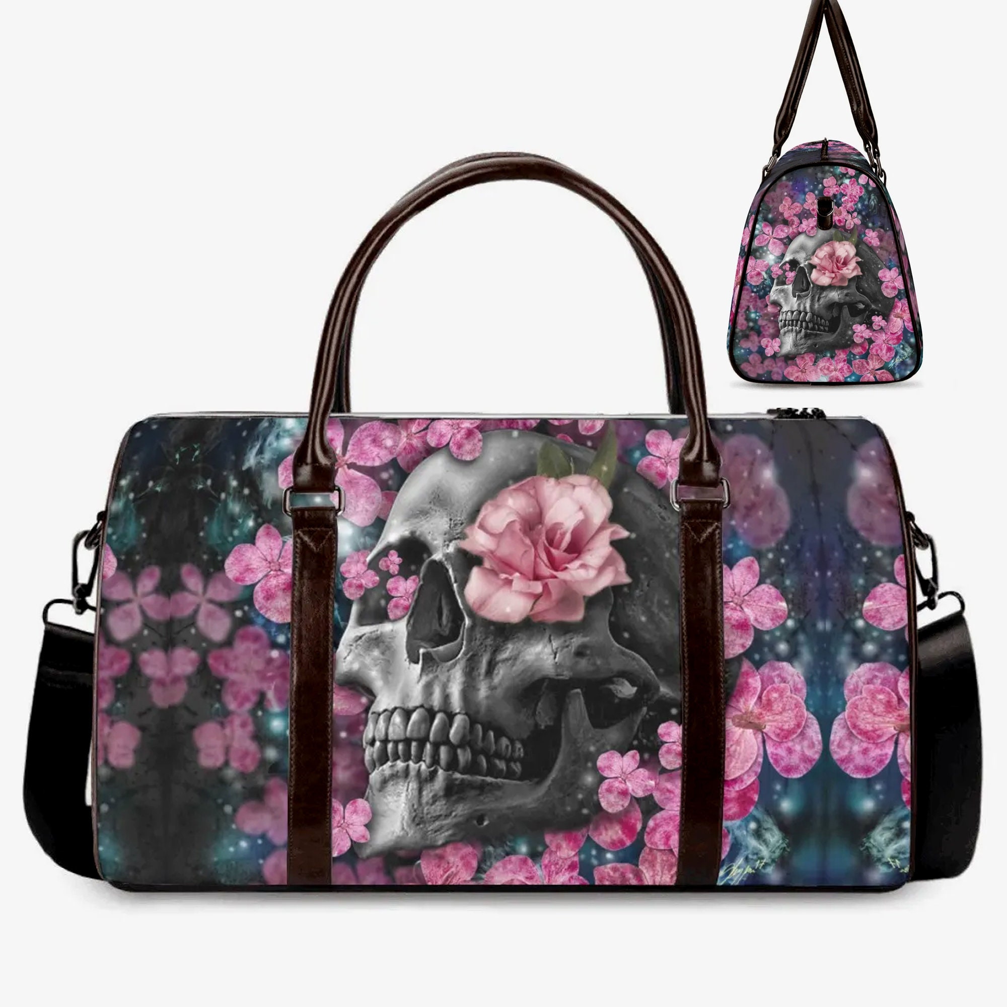 Evil Duffel Bag, Horror Large Travel Bag, Floral Skull Handbag, Flaming ...