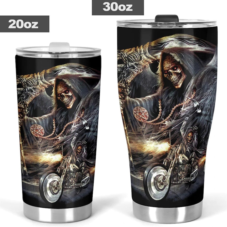 Grim Reaper Skull Tumbler, Biker Skull Cup Mug, Skull Travel Tumbler ...