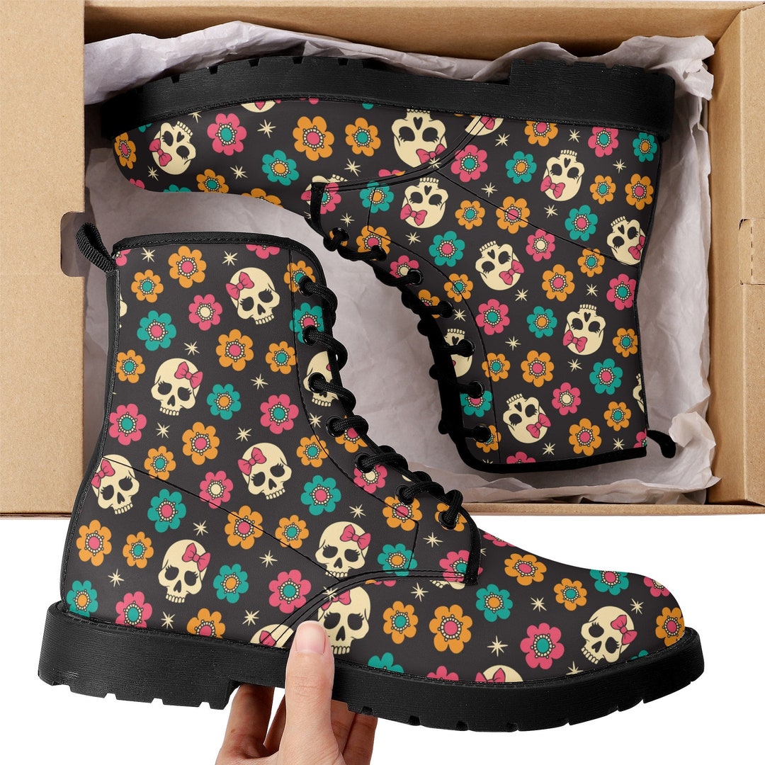 Floral Skull Halloween Goth Skull Boots Gothic Skull Leather Boots ...