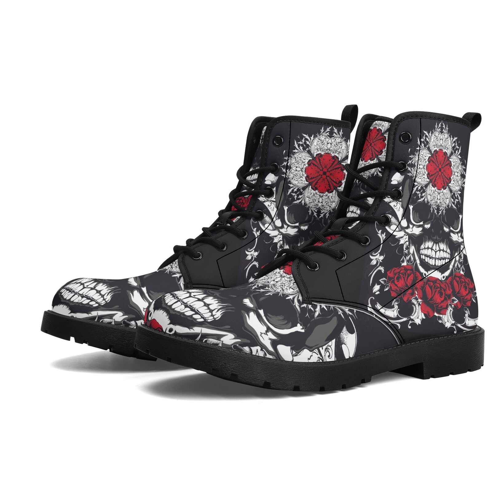 Floral Skull Leather Boots, Rose Skull Boots for Men Women, Halloween ...