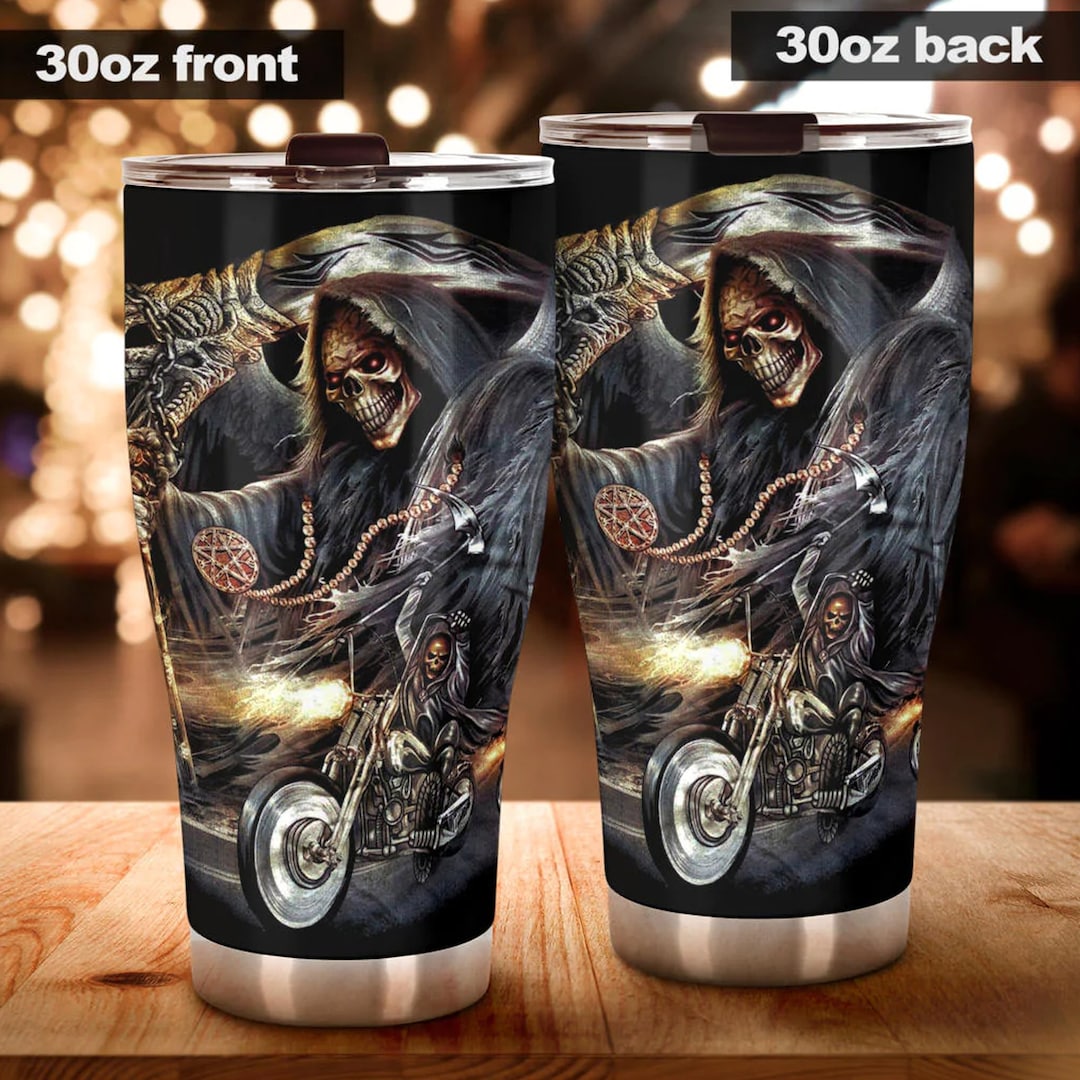 Grim Reaper Skull Tumbler, Biker Skull Cup Mug, Skull Travel Tumbler ...