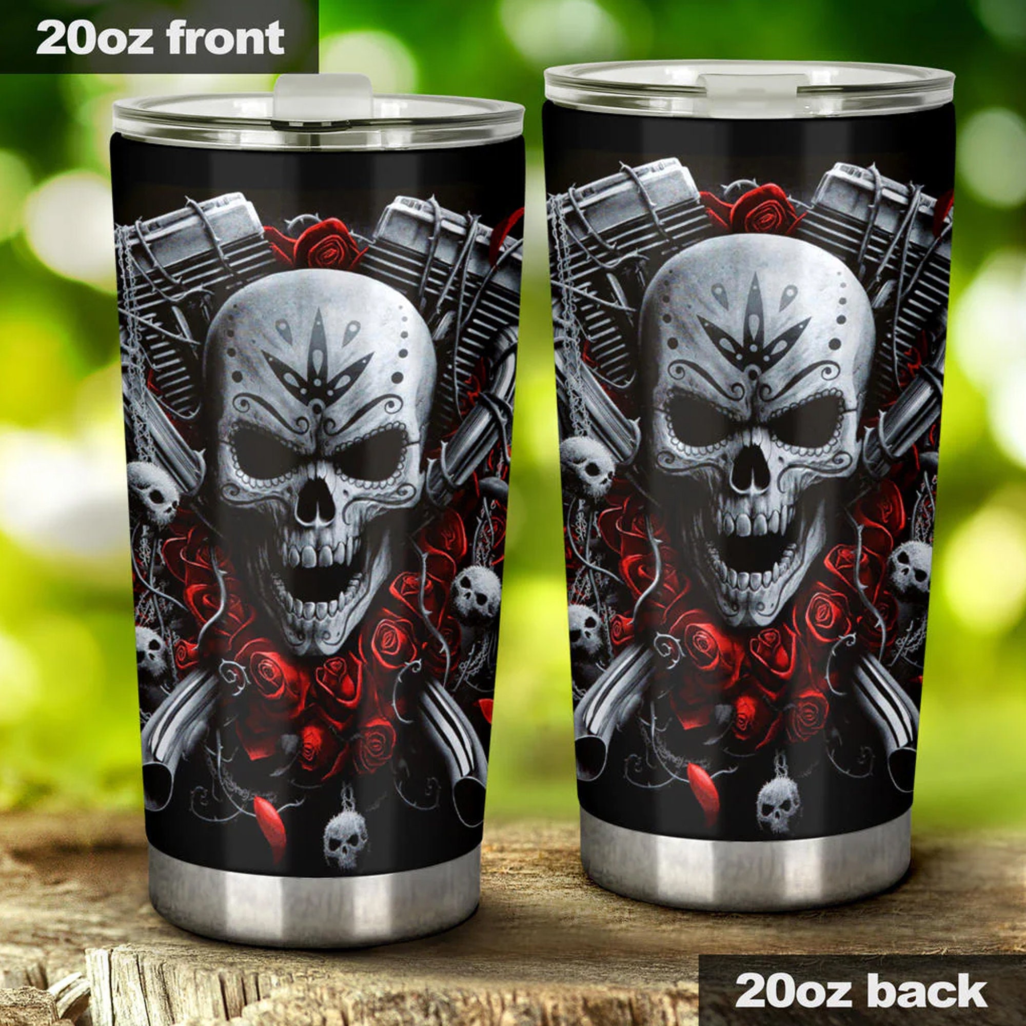 Biker Skull Tumblr, Flaming Skull Tumbler, Motorcycle Skull Freezer Mug ...