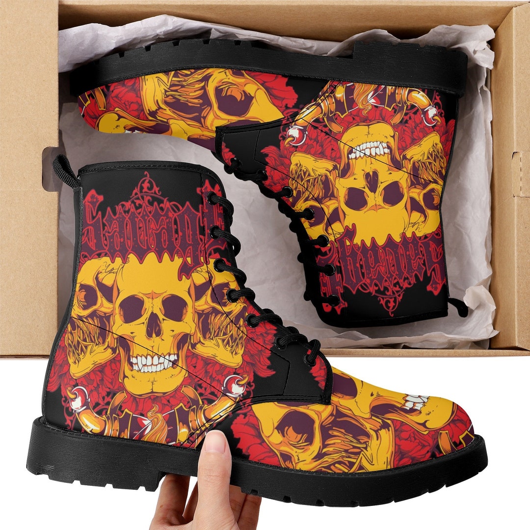 Floral Skull Leather Boots, Halloween Skull Boots for Men, Flame Skull ...