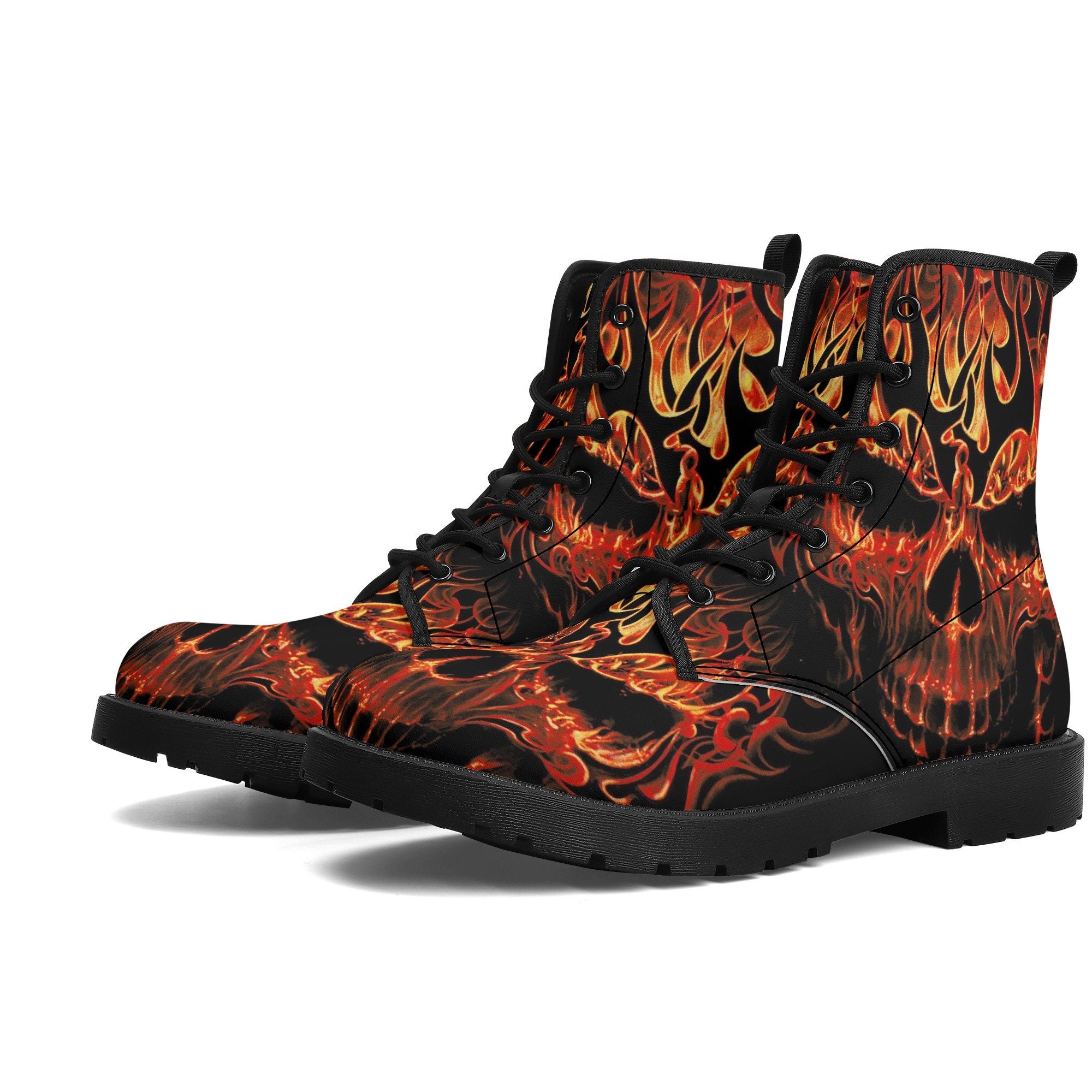 Flaming Skull Men Women Boots, Goth Waterproof Lace up Anti-slip ...