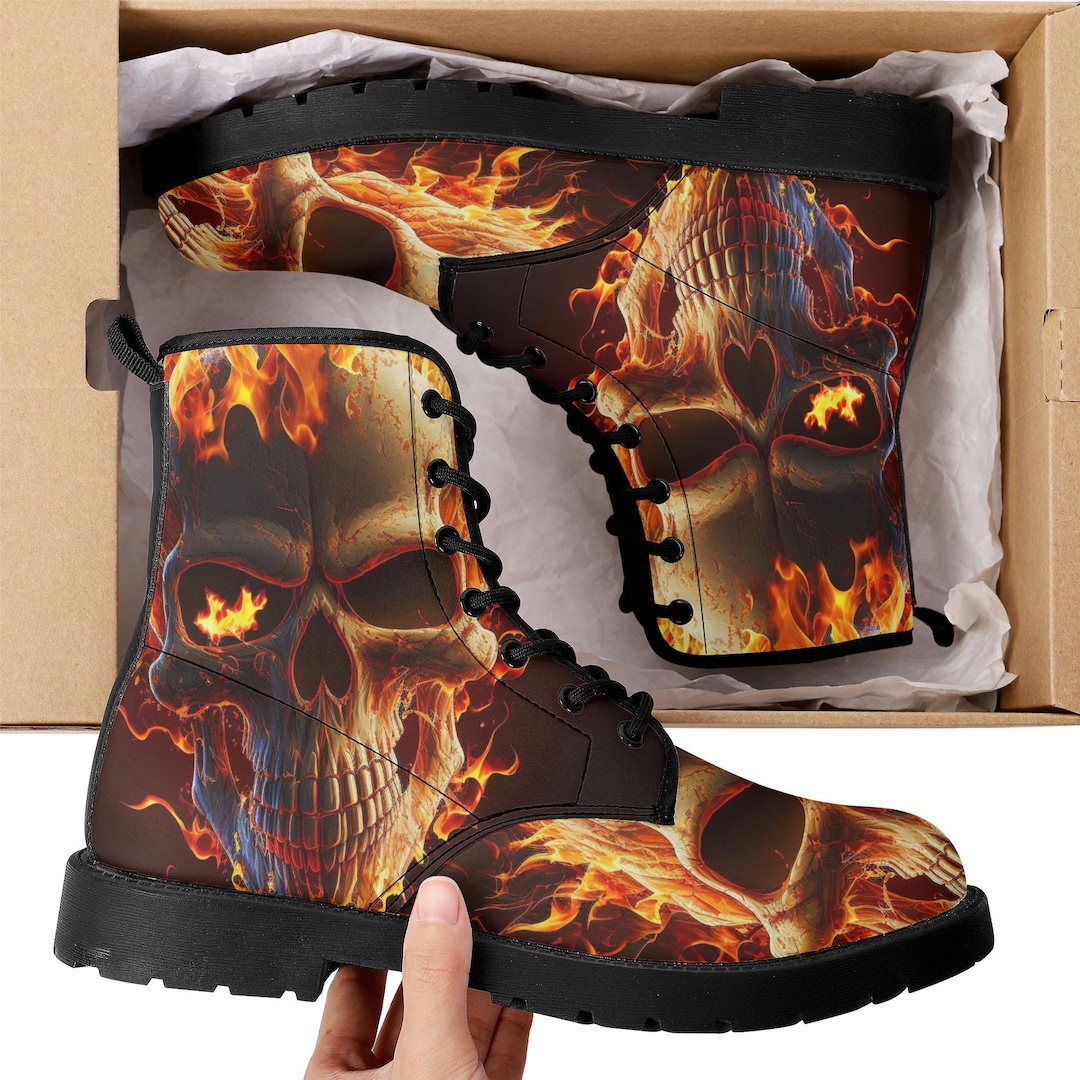 Flaming Skull Men Women Boots, Evil Ankle Boots, Evil Ankle Booties ...