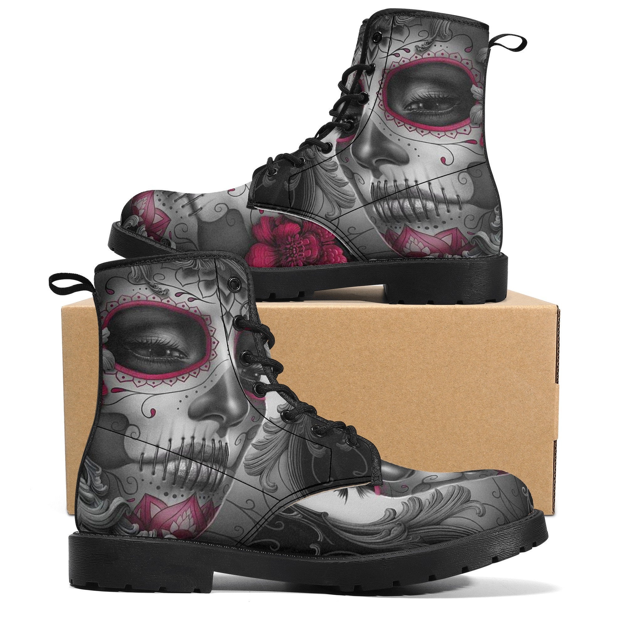 Sugar Skull Day of the Dead Girl Leather Boots, Candy Skull Girl Boots ...