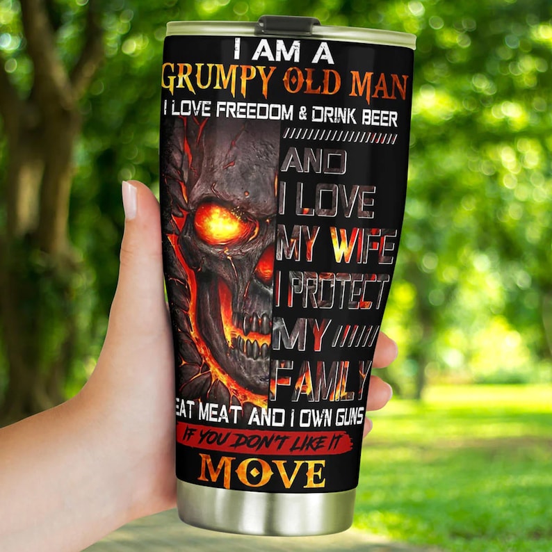 I Am a Grumpy Old Man Skull Tumbler Cup, Gothic Flaming Skull Tumbler ...