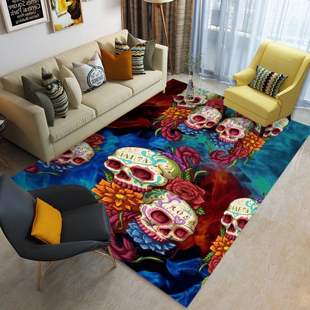 Floral Skull Living Room Mat, Dia De Los Muertos Skull Kitchen Rug Dia ...