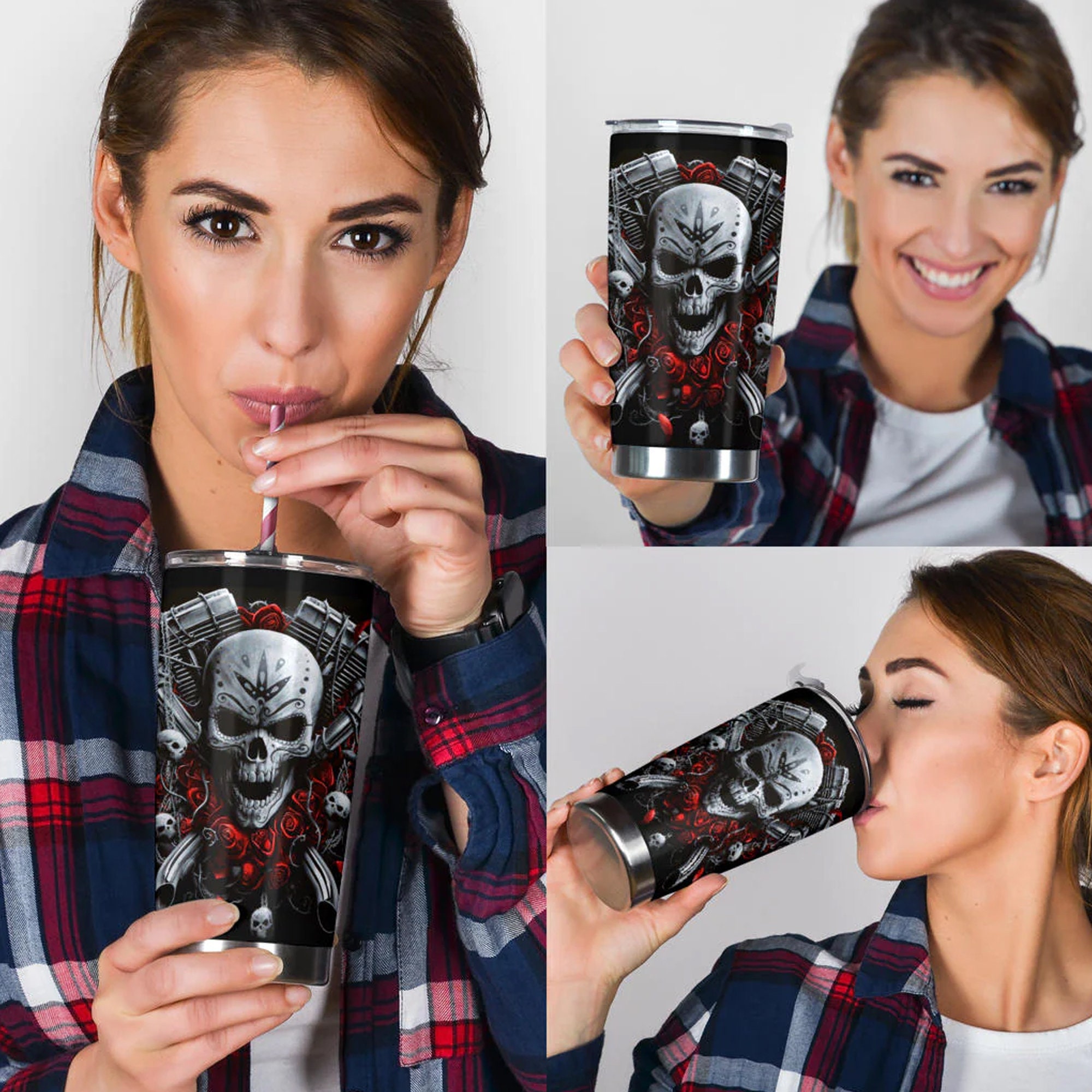 Biker Skull Tumblr, Flaming Skull Tumbler, Motorcycle Skull Freezer Mug ...