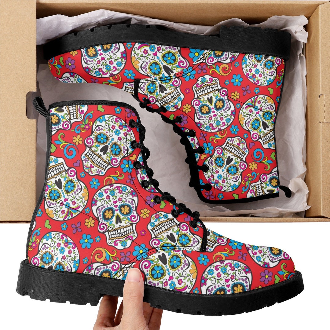 Day of the Dead Skull Leather Boots, Sugar Skull Boots for Men Women ...