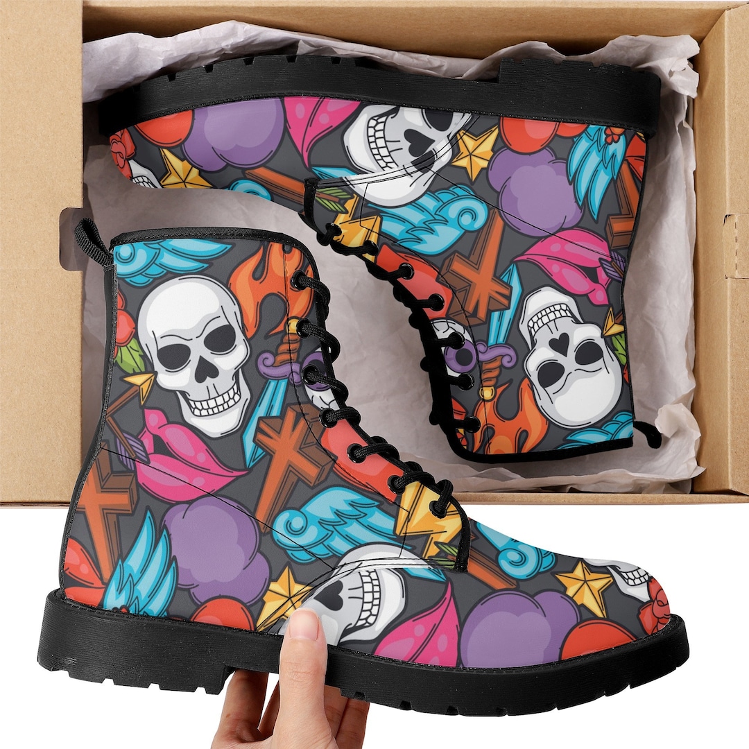 Halloween Skull Leather Boots, Gothic Skull Boots for Men Women, Horror ...