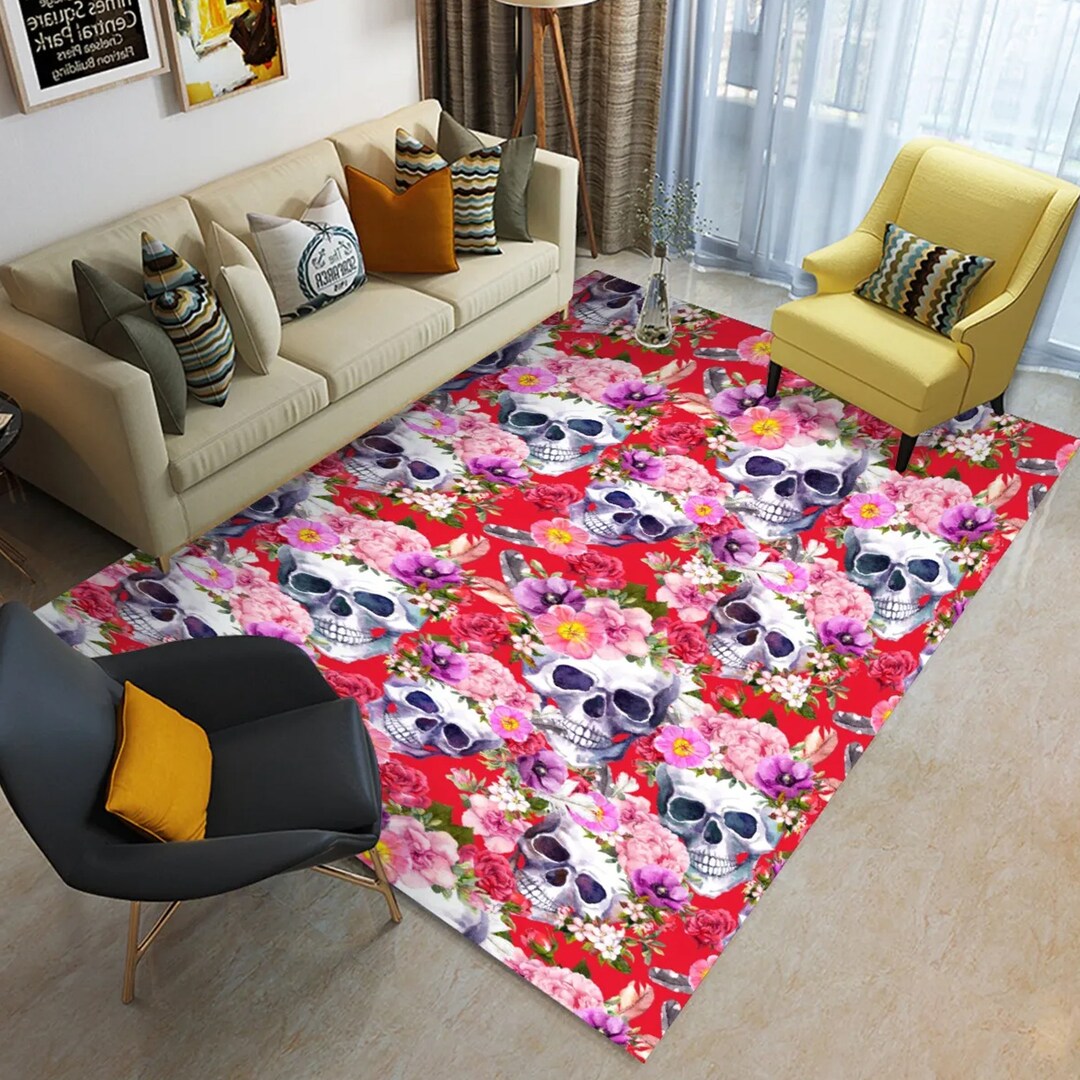 Flower Skull Floor Carpet, Floral Skull Thicken Foldable Mat, Horror ...