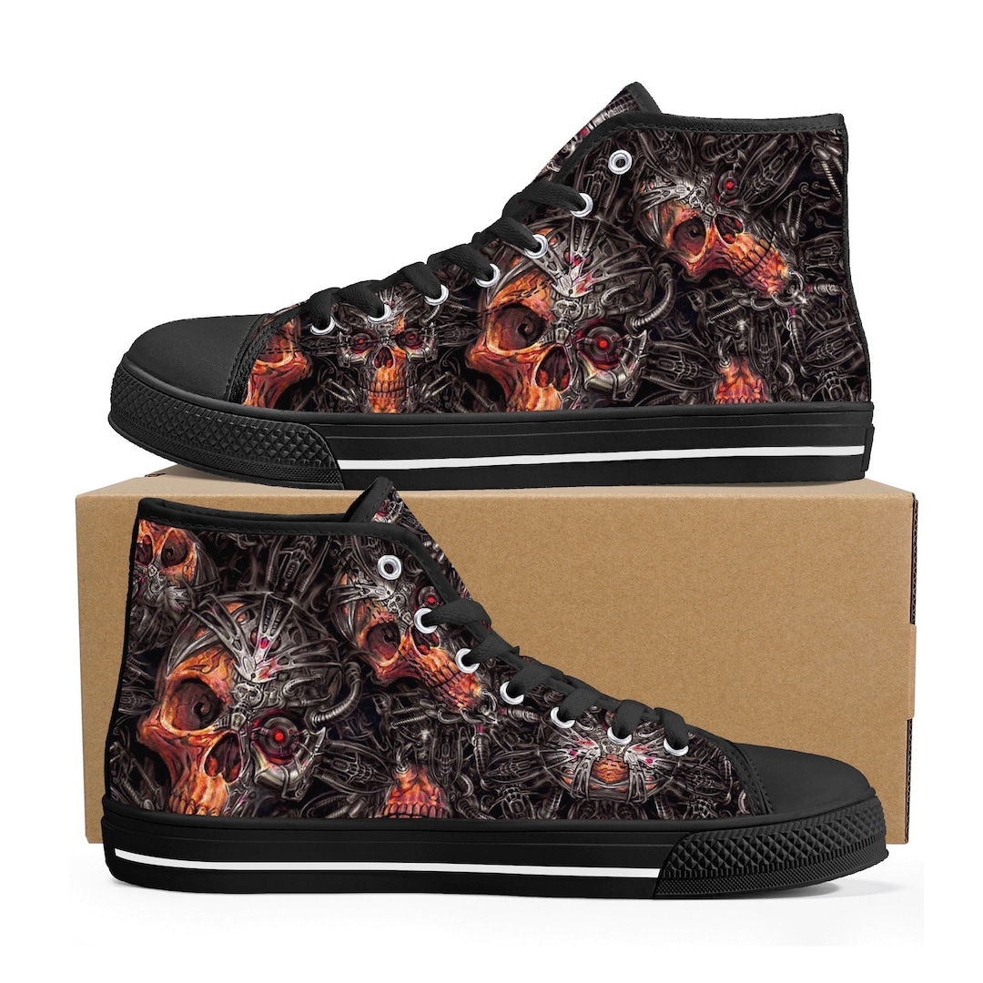 Biker Skull Shoes for Her, Flaming Skull Canvas Shoes, Flaming Skull ...