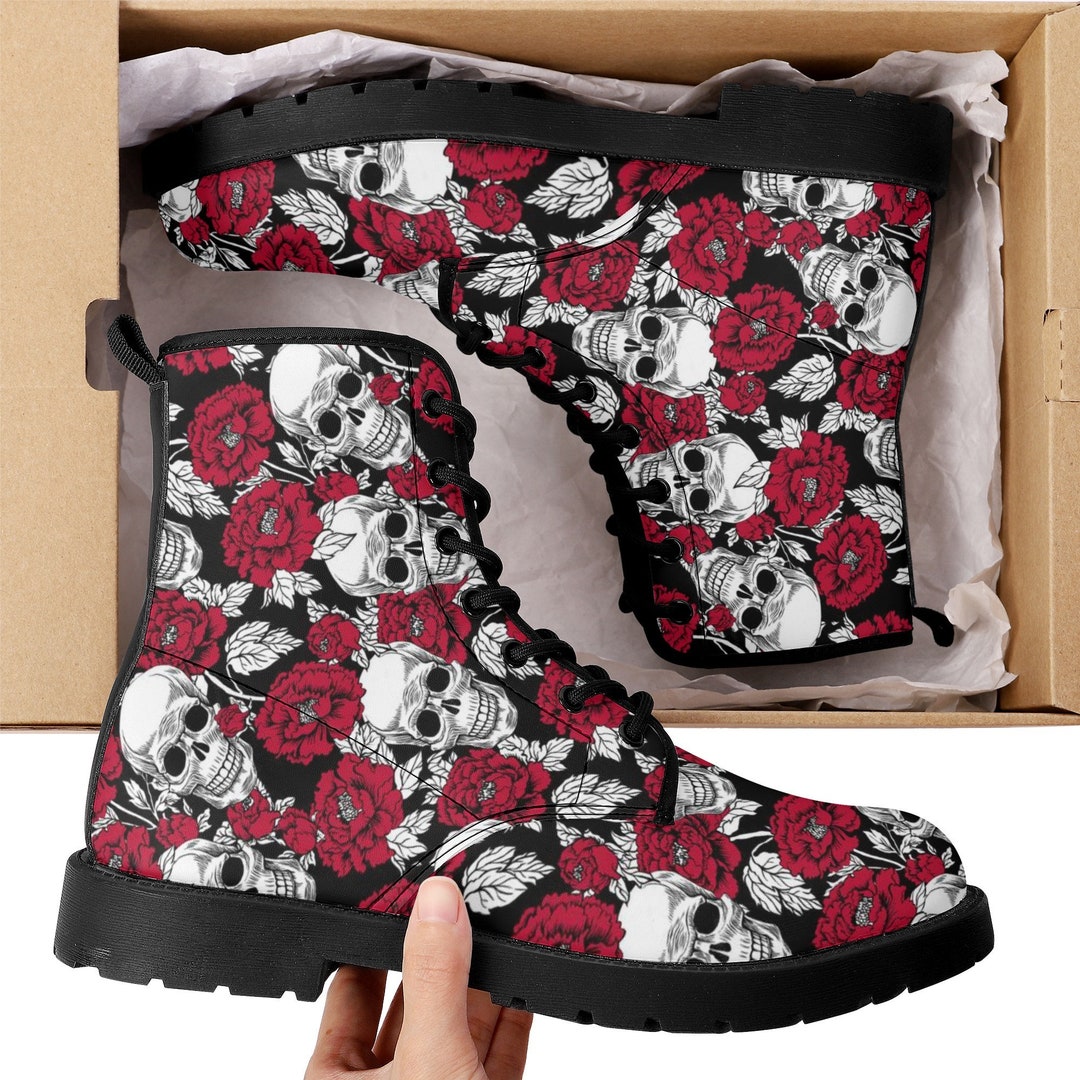Floral Skull Combat Boots, Flame Skull Men Women Boots, Grim Reaper ...