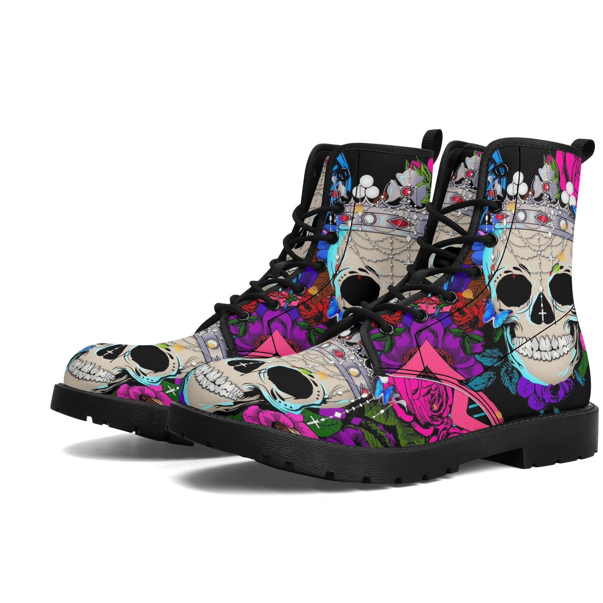 Floral King Queen Skull Boots for Men Women, Roes Punisher Skull Women ...