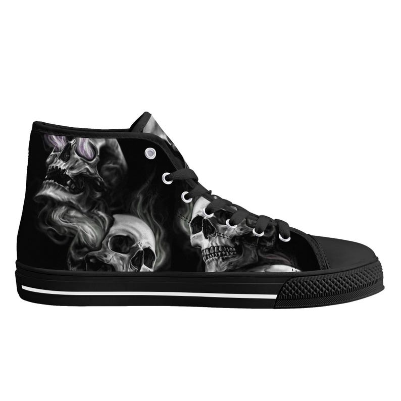 Skull High Top Shoes Black Canvas Sneakers With Smoky Skeleton Design ...