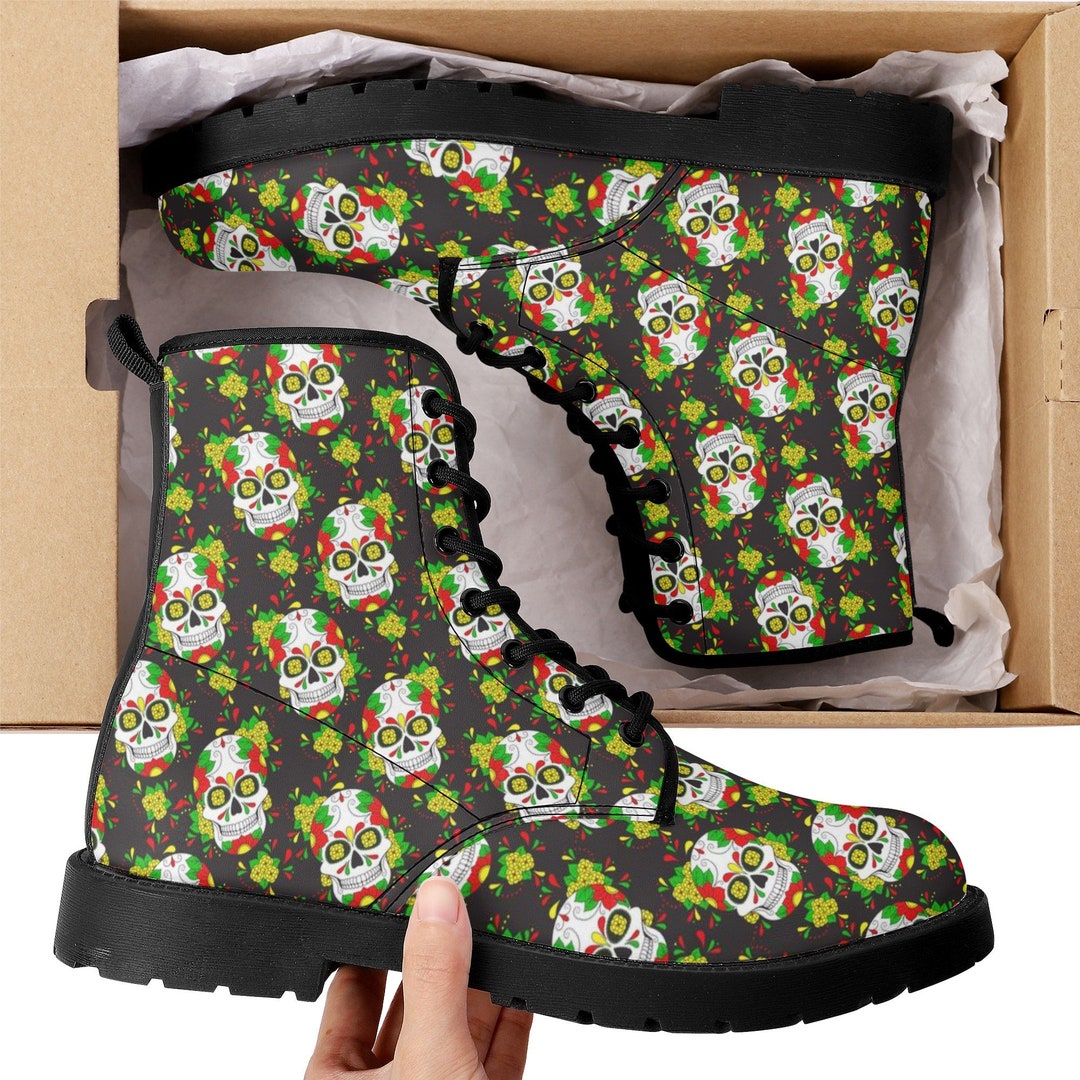 Floral Sugar Skull Shoes, Cinco De Mayo Skull Unisex Boots Sugar Skull ...