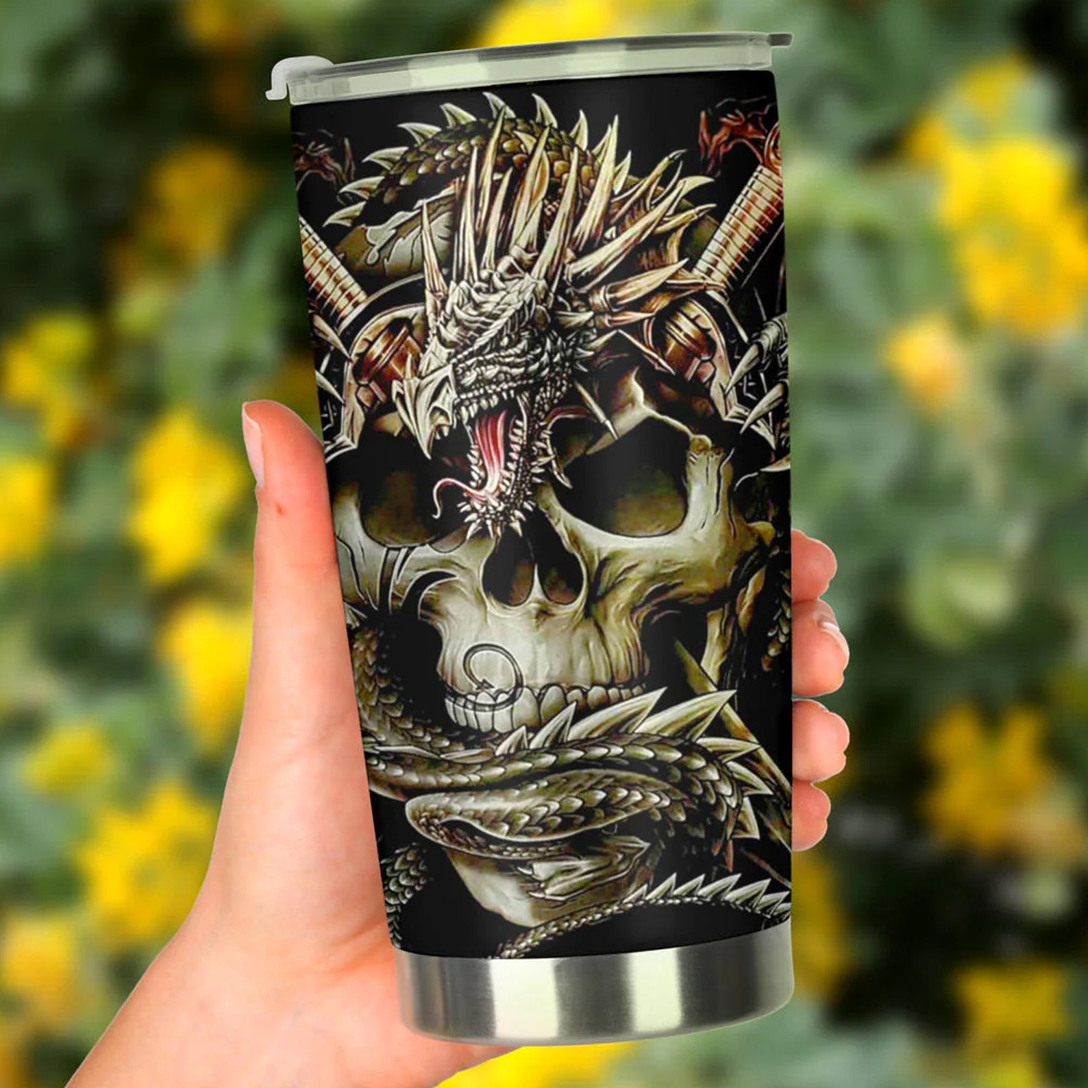 Dragon Skull Tumbler Cup Mug, Skull in Fire Coffee Mug, Evil Beer Mug ...